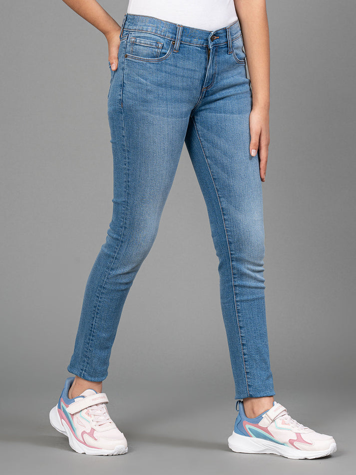 Girls Light Blue Solid Cotton Stretched Jeans | Redtape